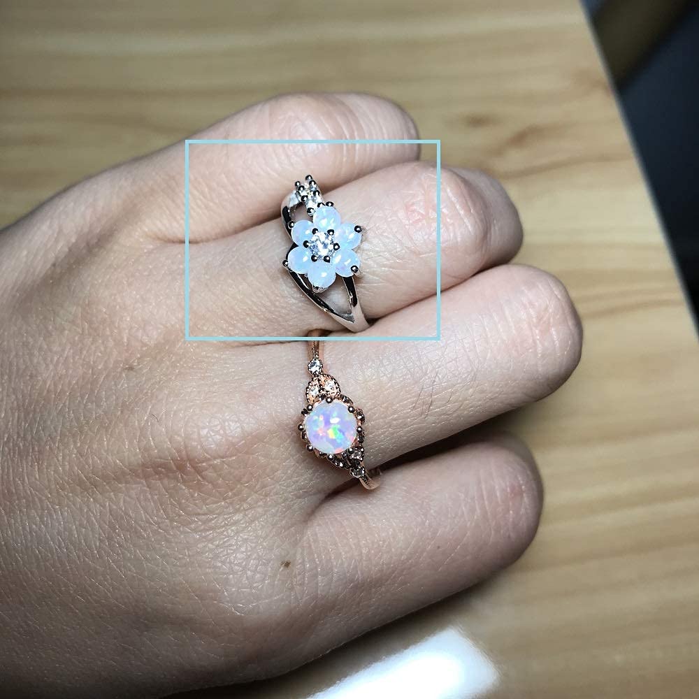 LARDROK Exquisite Round Cut White Created-Opal Stone Flower Created-Opal Rings Women Jewelry Birthday Proposal Gift Bridal Engagement Party Band Rings Size 6-10