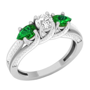 dazzlingrock collection 5x3mm lab created pear shaped emerald & round natural white diamond 3 stone engagement ring for women, 10k white gold, size 6.5