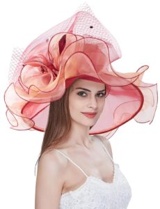 z&x women's organza church fascinator hair clip bridal wedding tea party hat wide brim anti-uv sun hat coral red