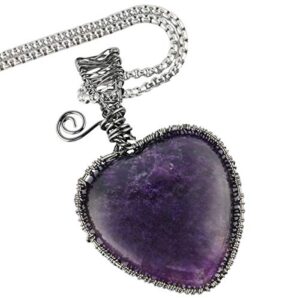 tumbeelluwa heart necklace wire wrapped healing crystal pendant with chain charm stone jewelry for women, amethyst