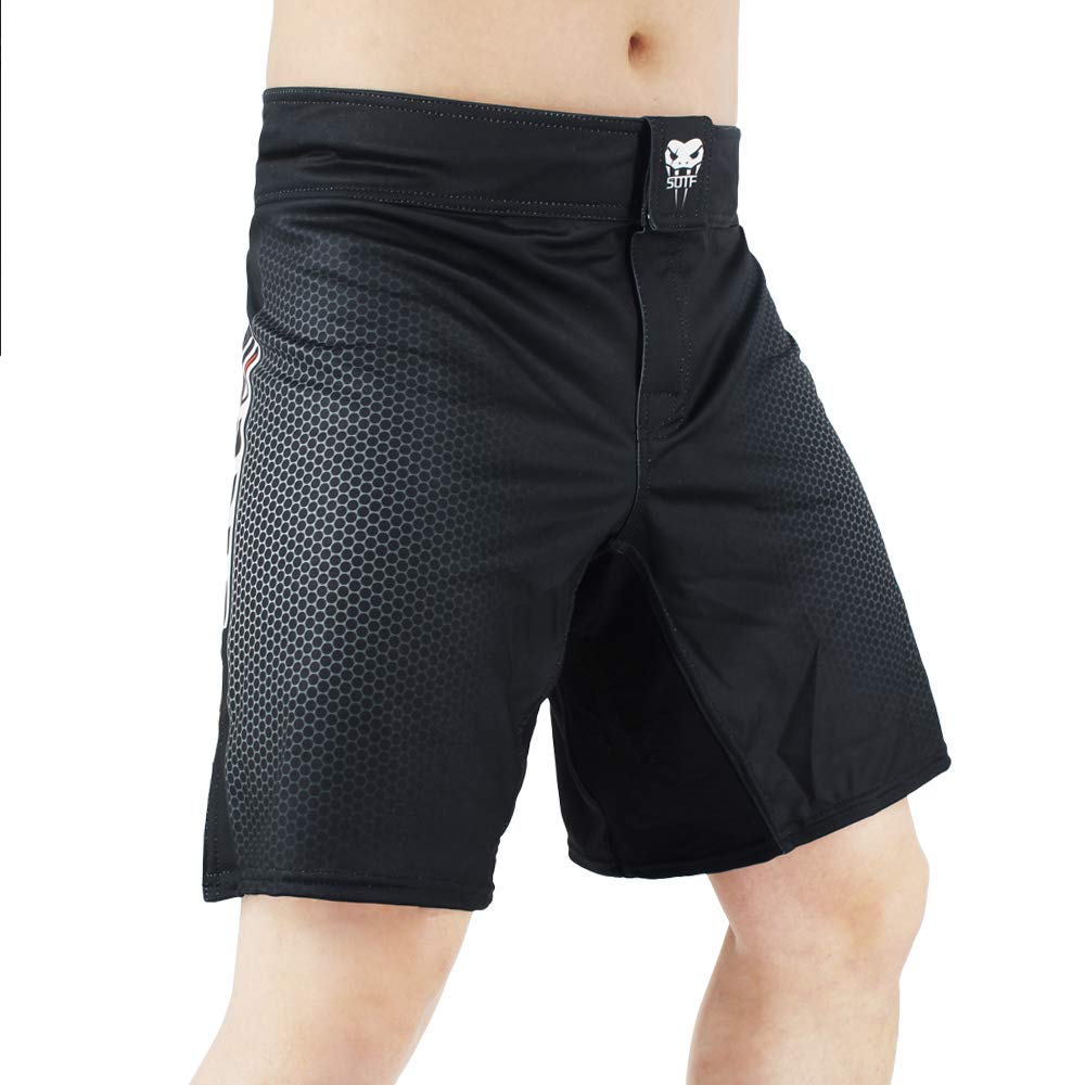 SOTF Boxing Shorts for Men Training Fight Shorts Men MMA BJJ Shorts No Gi with Pocket Black M Waist 33-34.6 inch