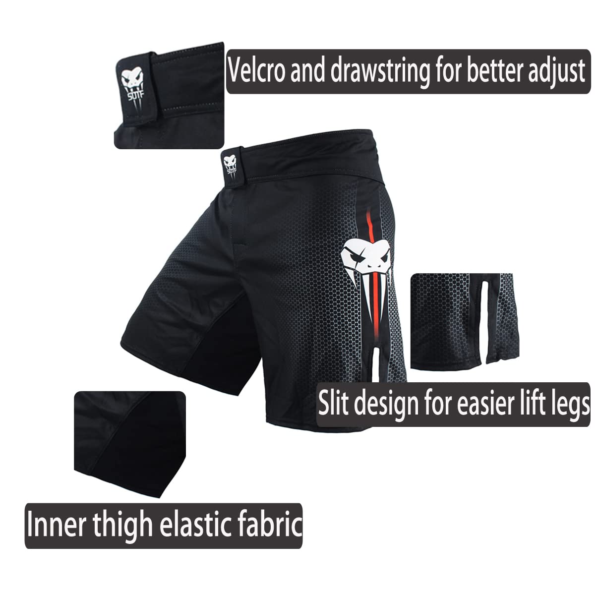 SOTF Boxing Shorts for Men Training Fight Shorts Men MMA BJJ Shorts No Gi with Pocket Black M Waist 33-34.6 inch