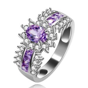 uloveido women rhodium plated oval cubic zirconia purple promise ring wedding party jewelry for her bridal bridesmaid (size 9, purple) j560