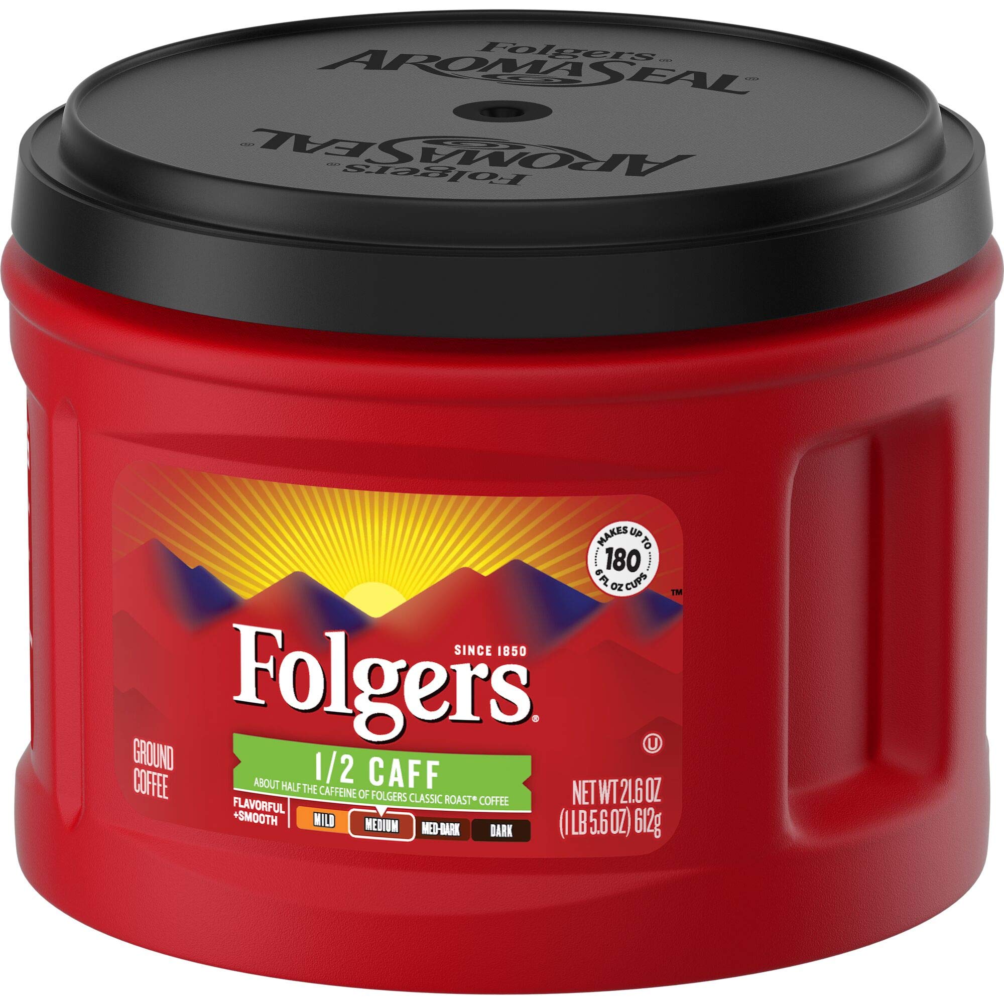 Folgers 1/2 Caff Medium Roast Ground Coffee, 21.6 Ounces (Pack of 3)