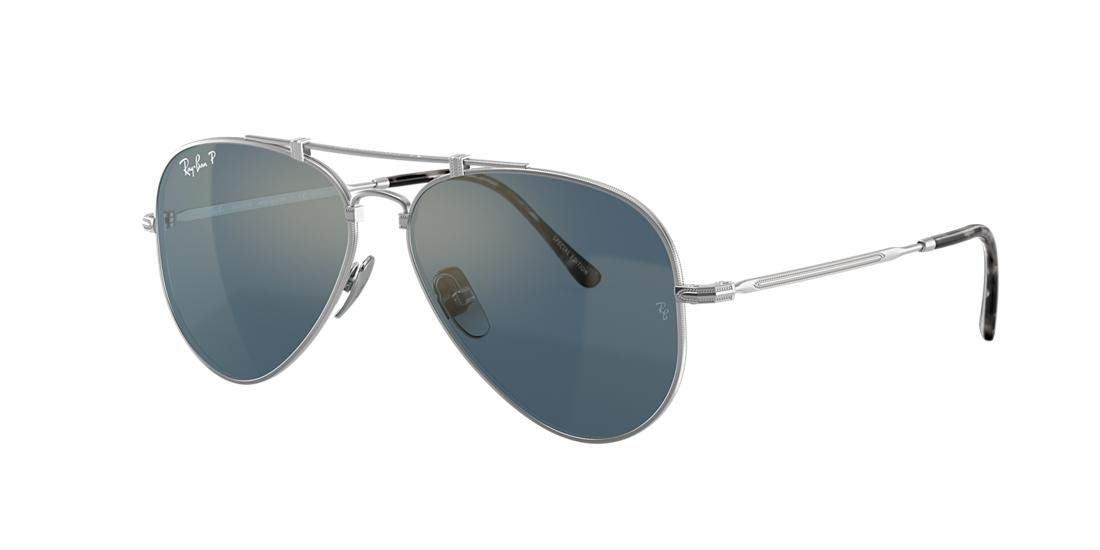 Ray-Ban RB8125M Titanium Aviator Sunglasses, Demi Gloss Silver/Polarized Blue Mirrored Gold, 58 mm