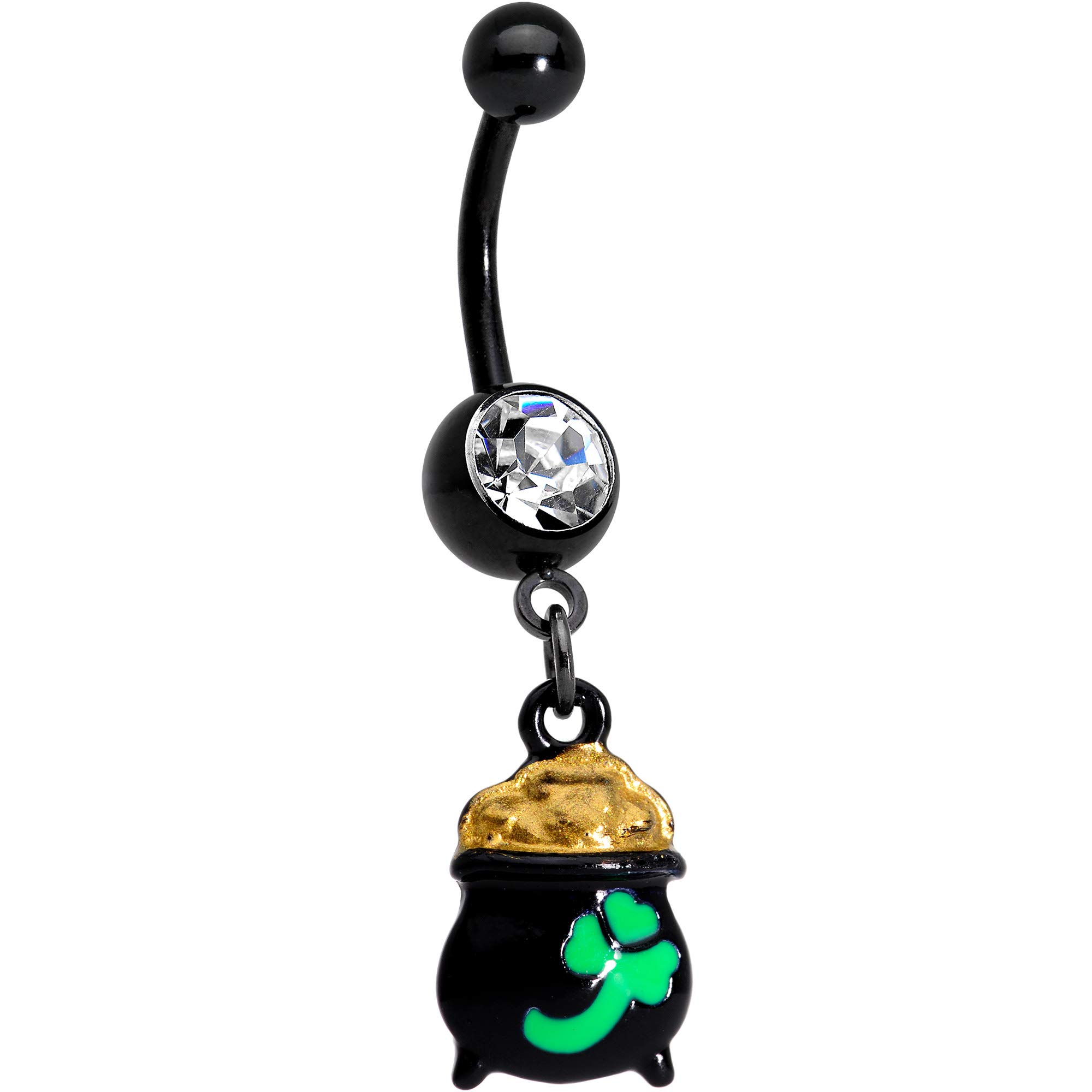 Body Candy 14G Black Anodized Steel Navel Ring Piercing Clear Accent Pot o Gold Dangle Belly Button Ring