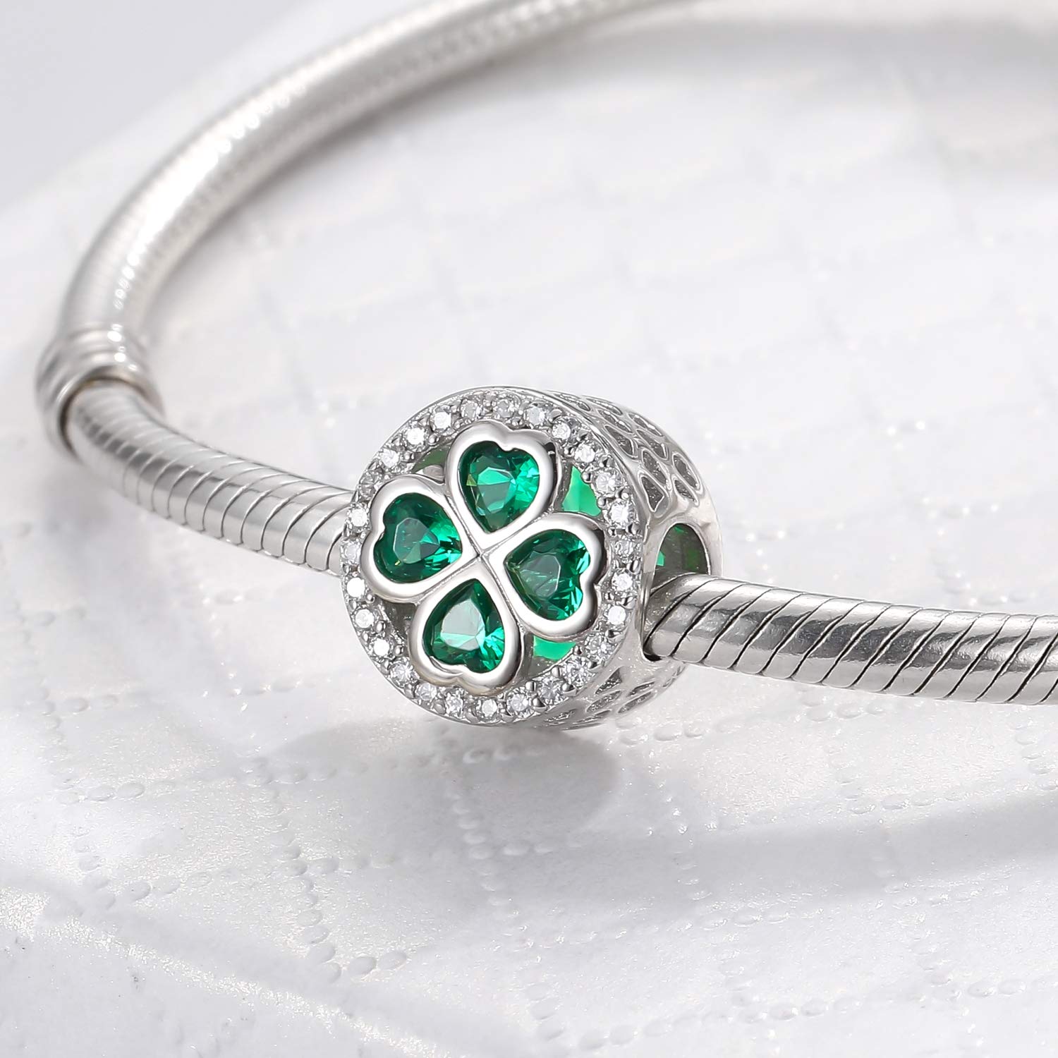 925 Sterling Silver Four Leaf Clover Charm fit Pandora 3mm Snake Chain Bracelet & Necklace - Green Lucky Shamrock Crystal Charm St Patricks Day Gift Jewelry Accessories for Women