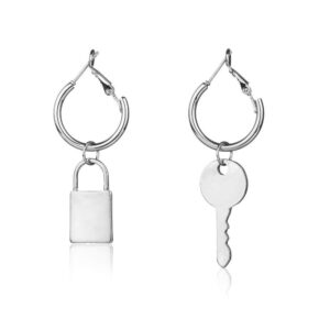 lock and key earrings for women.asymmetric lock key earring, padlock dangle hoop earrings key punk edgy aesthetic earrings