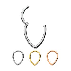 16g tear drop stainless steel hinged segment ring for septum, lip, eyebrow, and ear piercings (steel)