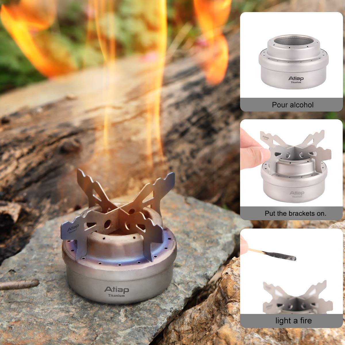 ATiAP Alcohol Stove, Titanium Portable Camping Backpacking Hiking Stove with Cross Stand Carry Bag