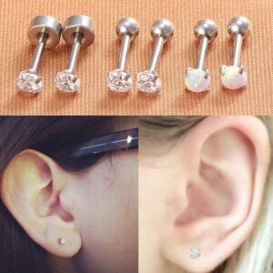 Yaalozei 18G Cartilage Tragus Helix Earrings Piercing Jewelry for Women 18 Gauge Stainless Surgical Steel Screw Flat Back Cartilage Earrings Silver Opal Conch Lobe Earrings Stud Piercing Jewelry Men