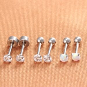 Yaalozei 18G Cartilage Tragus Helix Earrings Piercing Jewelry for Women 18 Gauge Stainless Surgical Steel Screw Flat Back Cartilage Earrings Silver Opal Conch Lobe Earrings Stud Piercing Jewelry Men