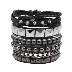 eigso 4 pcs punk leather bracelet hematite black for men women adjustable spike metal cuff bangle