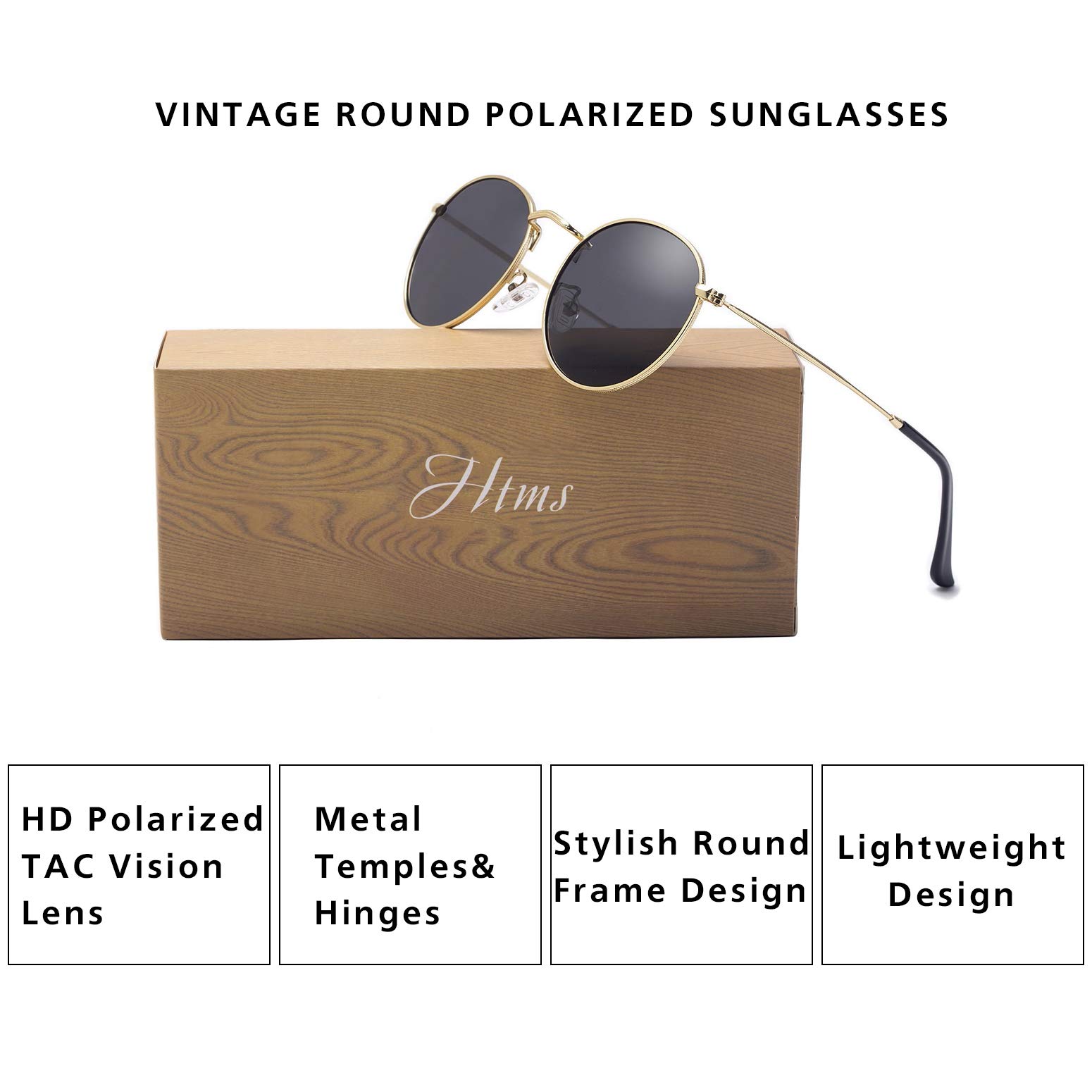 Htms Round Sunglasses for Men Vintage Retro Polarized Sun Glasses for Women Metal Frame Circle Shades