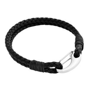 edforce braided genuine leather 2-strand cuff bracelet with stainless steel clasp (black)