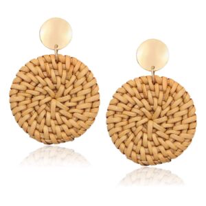 rattan earrings handmade straw wicker braid woven drop earrings boho round disc earrings lightweight statement stud earrings for women (metal disc)