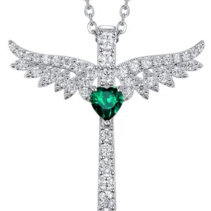 Re Besta Birthday Gifts for Wife Women May Birthstone Emerald Necklace Wife Mom Angel Wings Sterling Silver Love Heart Jewelry for Her