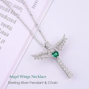 Re Besta Birthday Gifts for Wife Women May Birthstone Emerald Necklace Wife Mom Angel Wings Sterling Silver Love Heart Jewelry for Her