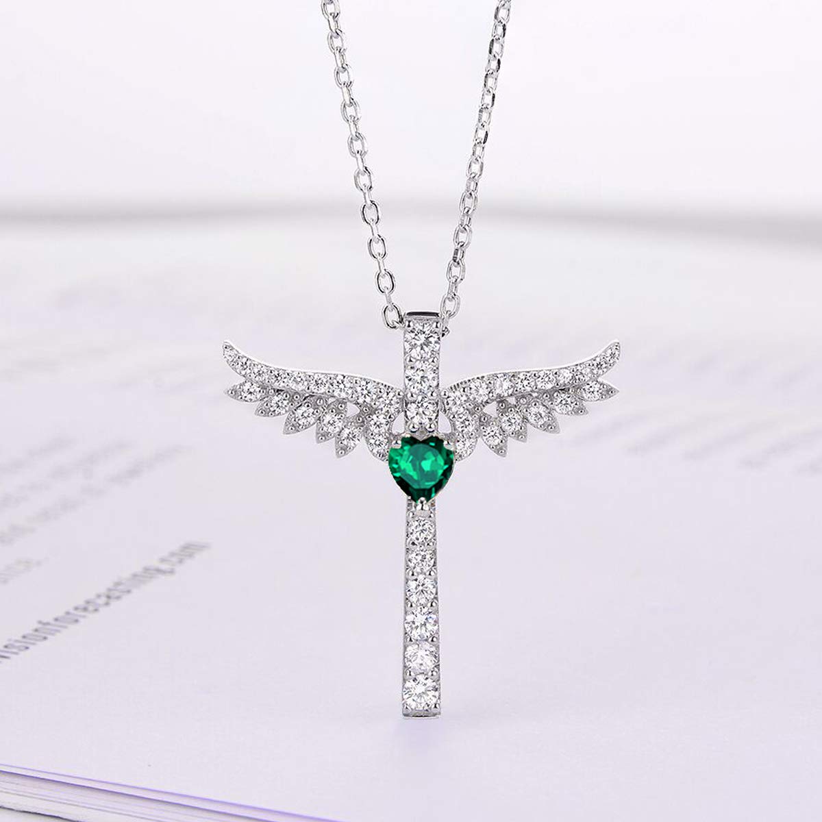 Re Besta Birthday Gifts for Wife Women May Birthstone Emerald Necklace Wife Mom Angel Wings Sterling Silver Love Heart Jewelry for Her