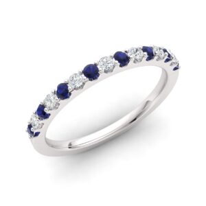 diamondere natural and certified blue sapphire and diamond wedding ring in 14k white gold | 0.38 carat half eternity stackable band for women, us size 6.5