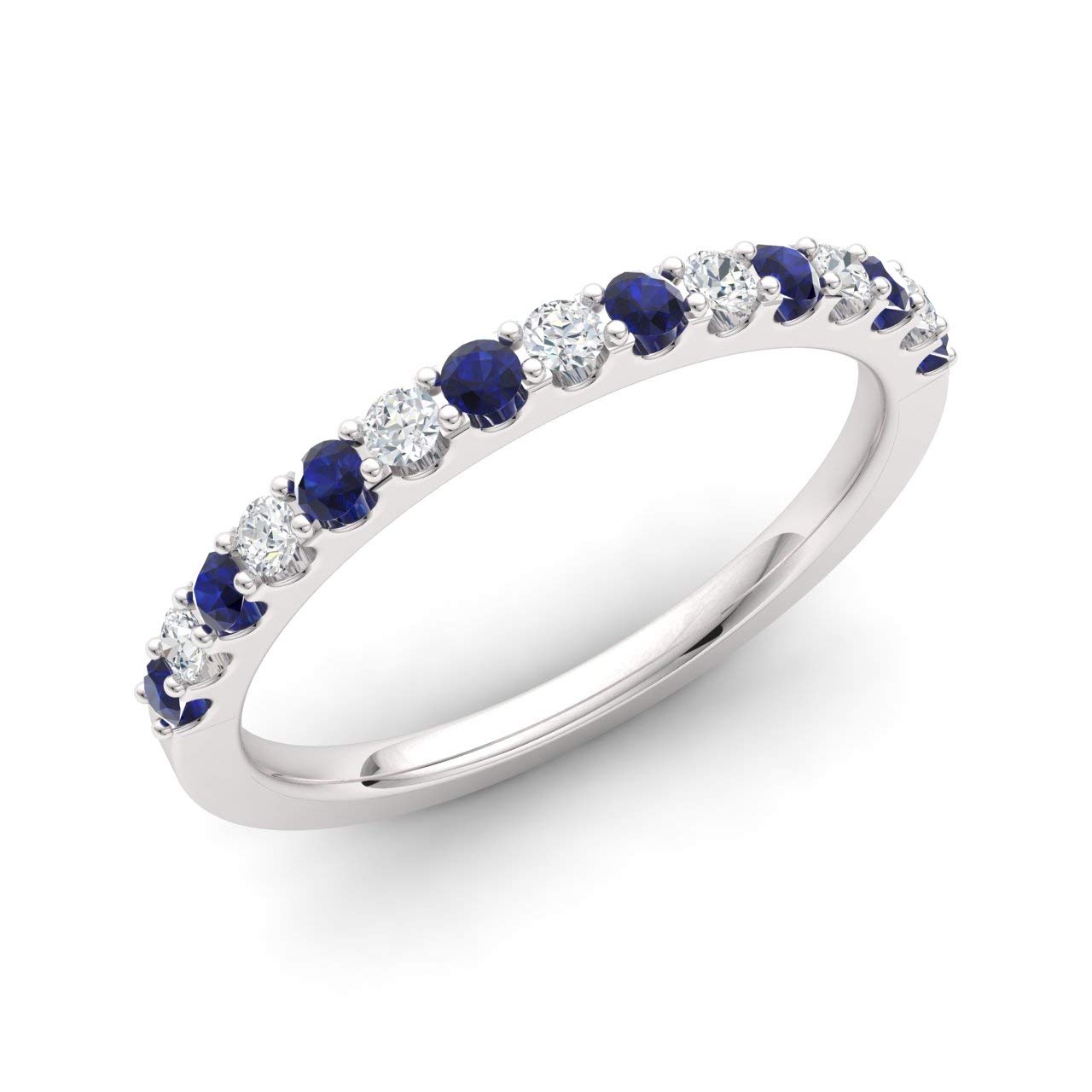 Diamondere Natural and Certified Blue Sapphire and Diamond Wedding Ring in 14K White Gold | 0.38 Carat Half Eternity Stackable Band for Women, US Size 6.5