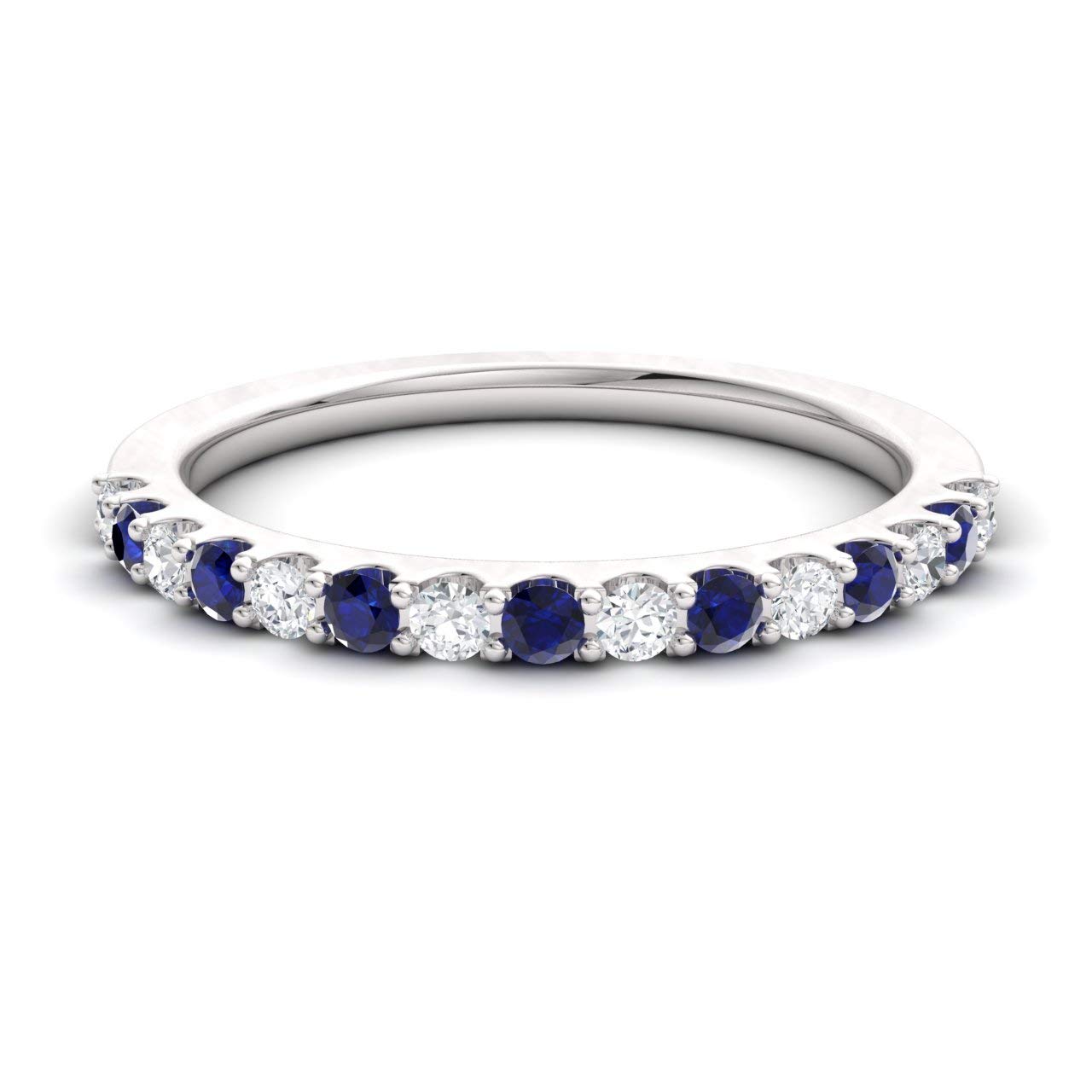 Diamondere Natural and Certified Blue Sapphire and Diamond Wedding Ring in 14K White Gold | 0.38 Carat Half Eternity Stackable Band for Women, US Size 6.5