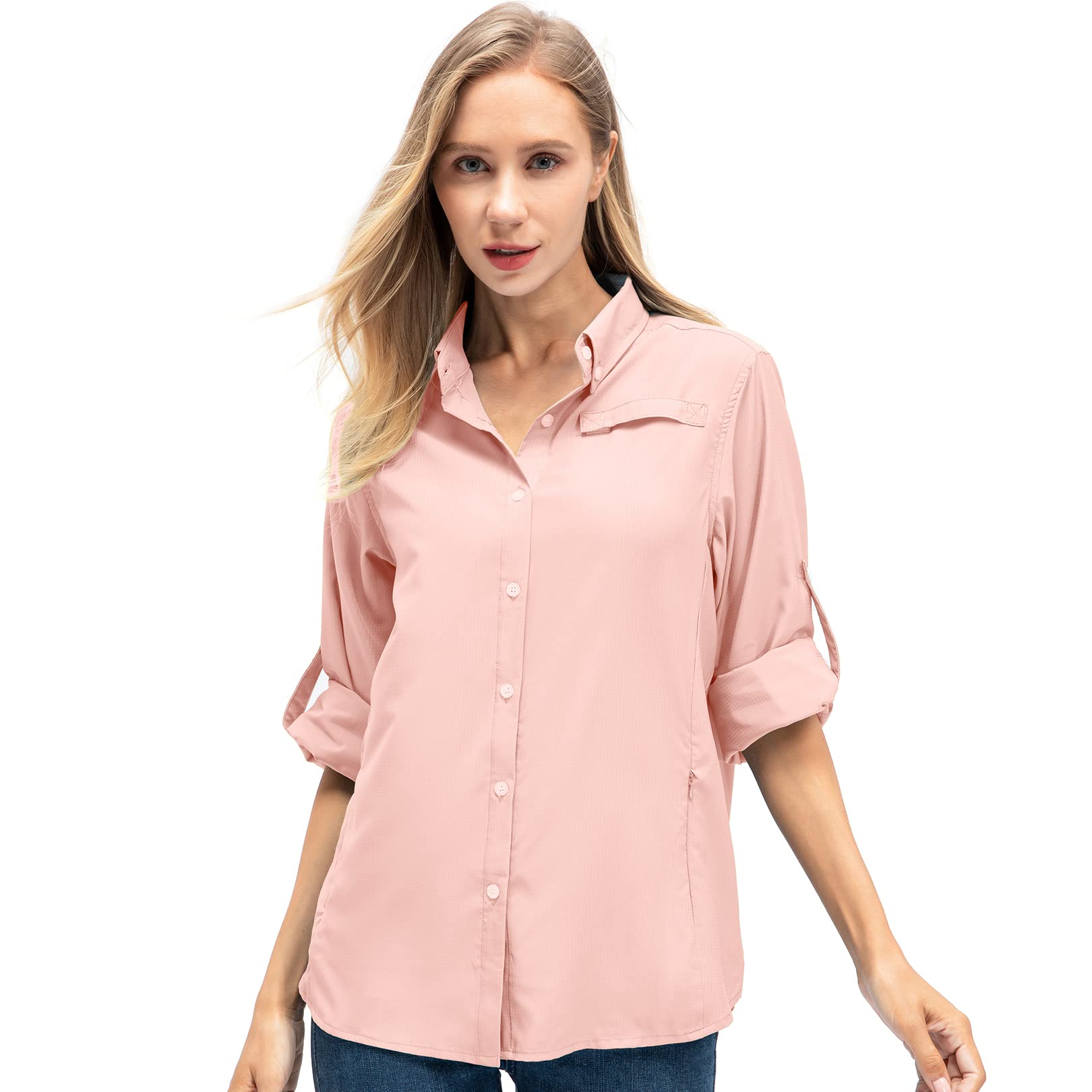 Women's Quick Dry Sun UV Protection Convertible Long Sleeve Shirts for Hiking Camping Fishing Sailing (5024 Pink M)