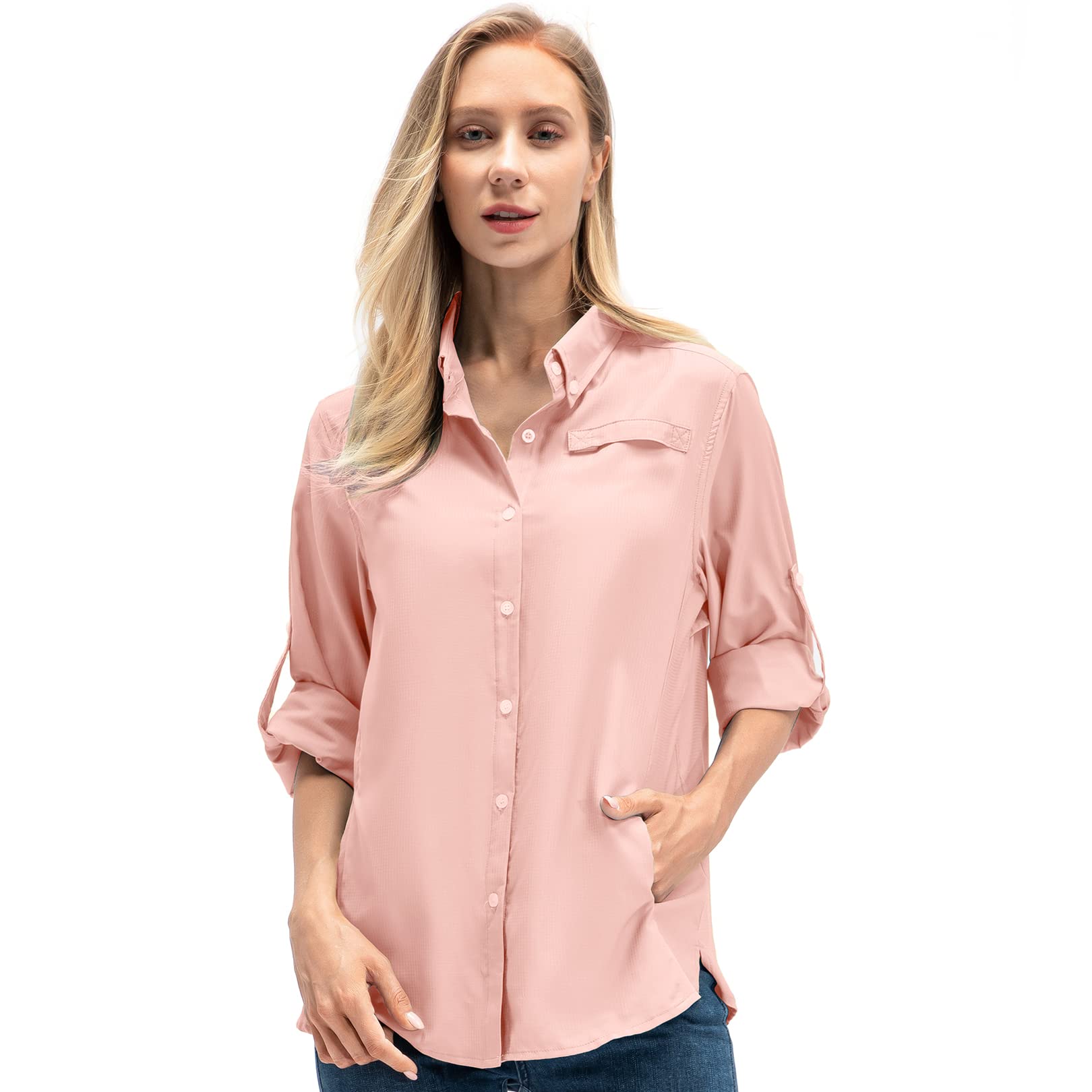 Women's Quick Dry Sun UV Protection Convertible Long Sleeve Shirts for Hiking Camping Fishing Sailing (5024 Pink M)