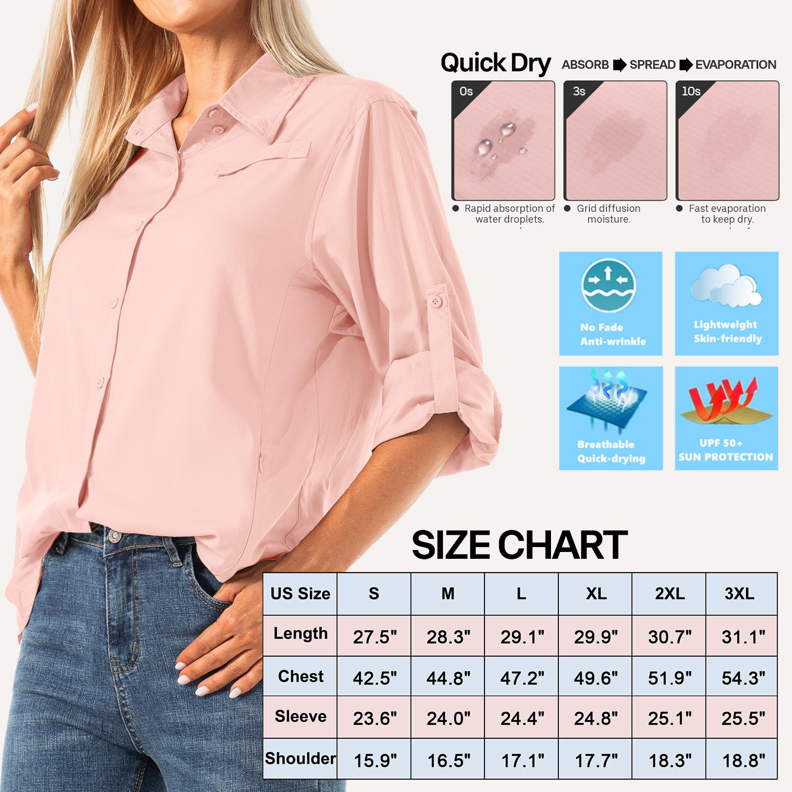 Women's Quick Dry Sun UV Protection Convertible Long Sleeve Shirts for Hiking Camping Fishing Sailing (5024 Pink M)