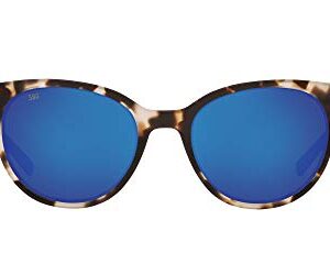 Costa Del Mar Womens Isla Round Sunglasses, Shiny Tiger Cowrie/Blue Mirrored Polarized 580G, 53 mm