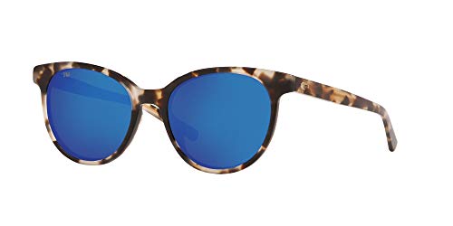 Costa Del Mar Womens Isla Round Sunglasses, Shiny Tiger Cowrie/Blue Mirrored Polarized 580G, 53 mm