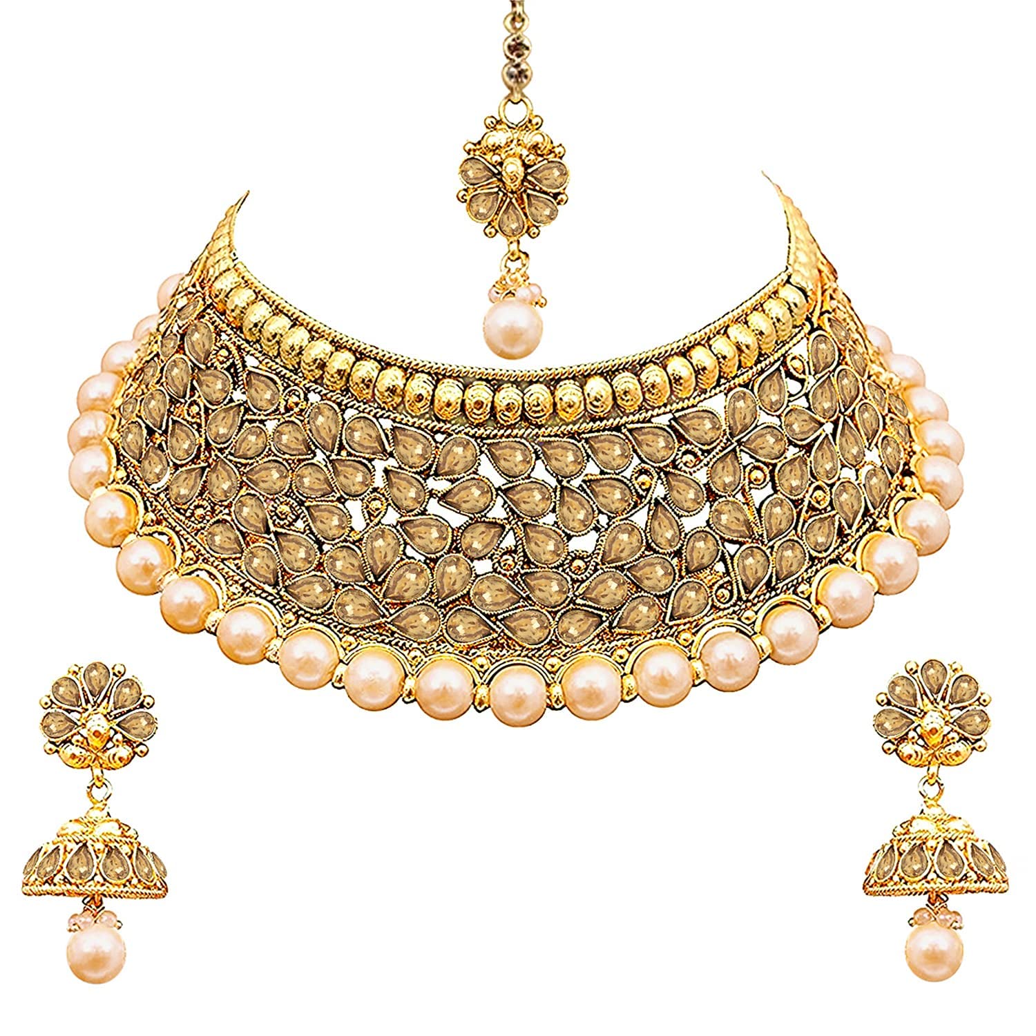 Aheli Wedding Designer Choker Necklace with Jhumki Earrings Maang Tikka Set Ethnic Bollywood Traditional Fashion Stylish Jewelry for Indian Women & Girls