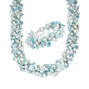 ross-simons aquamarine bead and 5-6mm cultured pearl torsade necklace with free bracelet. 18 inches