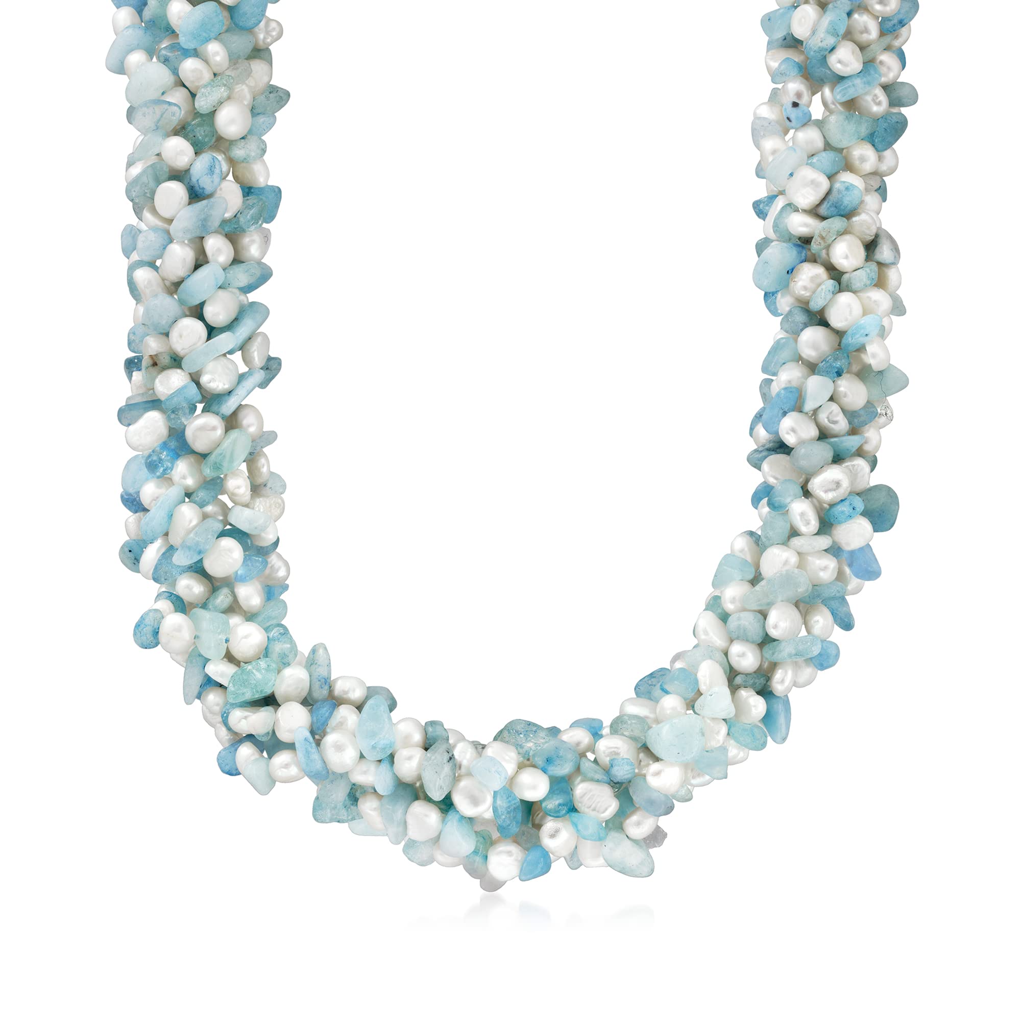 Ross-Simons Aquamarine Bead and 5-6mm Cultured Pearl Torsade Necklace With Free Bracelet. 18 inches