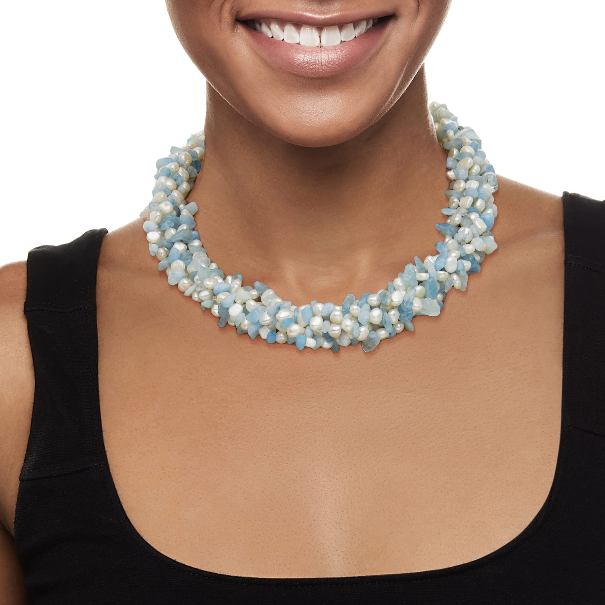 Ross-Simons Aquamarine Bead and 5-6mm Cultured Pearl Torsade Necklace With Free Bracelet. 18 inches