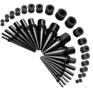 cabbe kallo 36pcs steel ear stretching kit 14g-00g 9 sizes surgical steel tapers tunnels gauges set for starter women men expanders body piercing gift jewelry, black