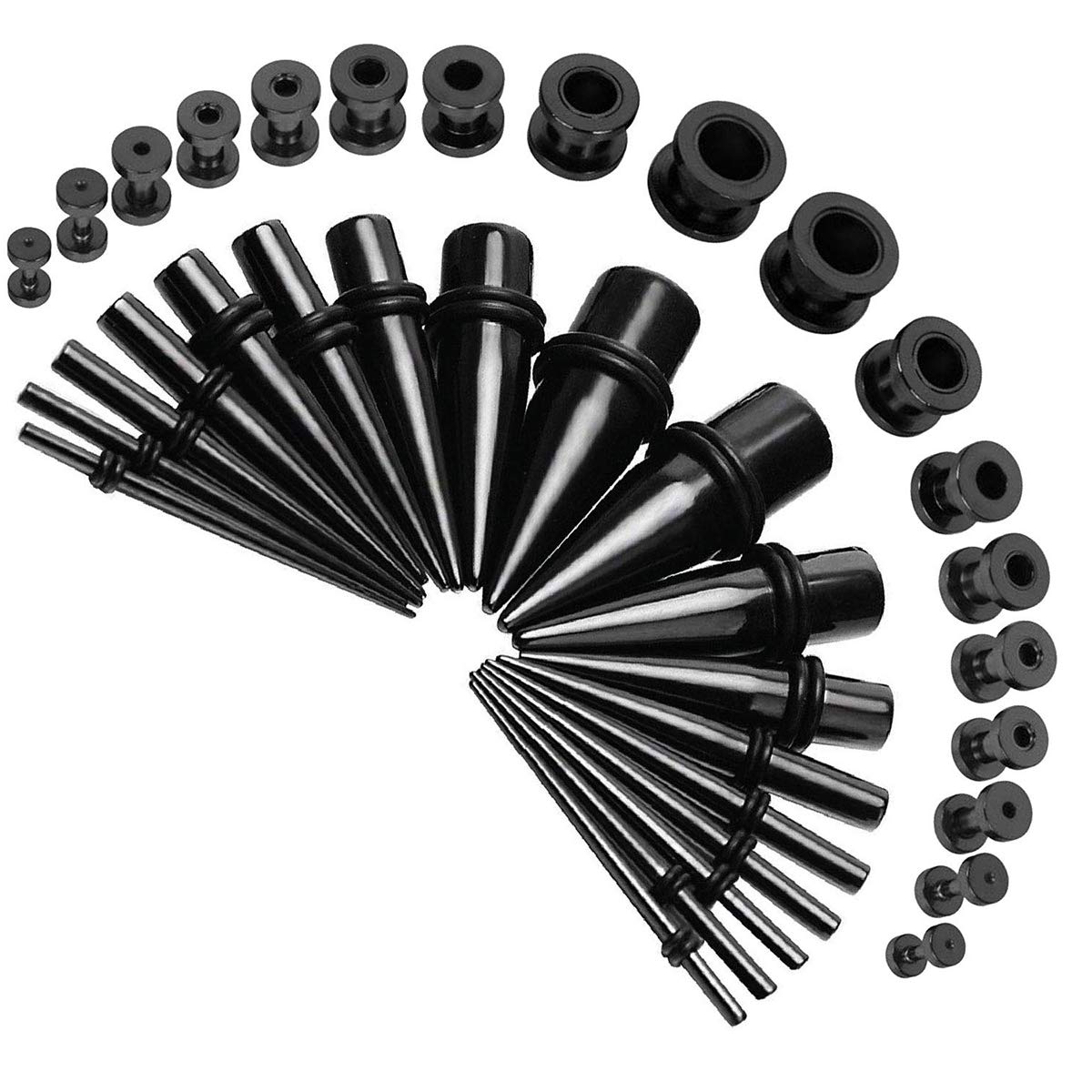 CABBE KALLO 36pcs Steel Ear Stretching Kit 14G-00G 9 Sizes Surgical Steel Tapers Tunnels Gauges Set for Starter Women Men Expanders Body Piercing Gift Jewelry, Black