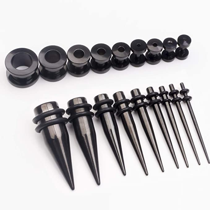 CABBE KALLO 36pcs Steel Ear Stretching Kit 14G-00G 9 Sizes Surgical Steel Tapers Tunnels Gauges Set for Starter Women Men Expanders Body Piercing Gift Jewelry, Black