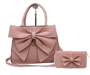 women handbag 2 pcs set big bow-knot pu leather top handle bag designer tote bag clutch wallet set for ladies, pink