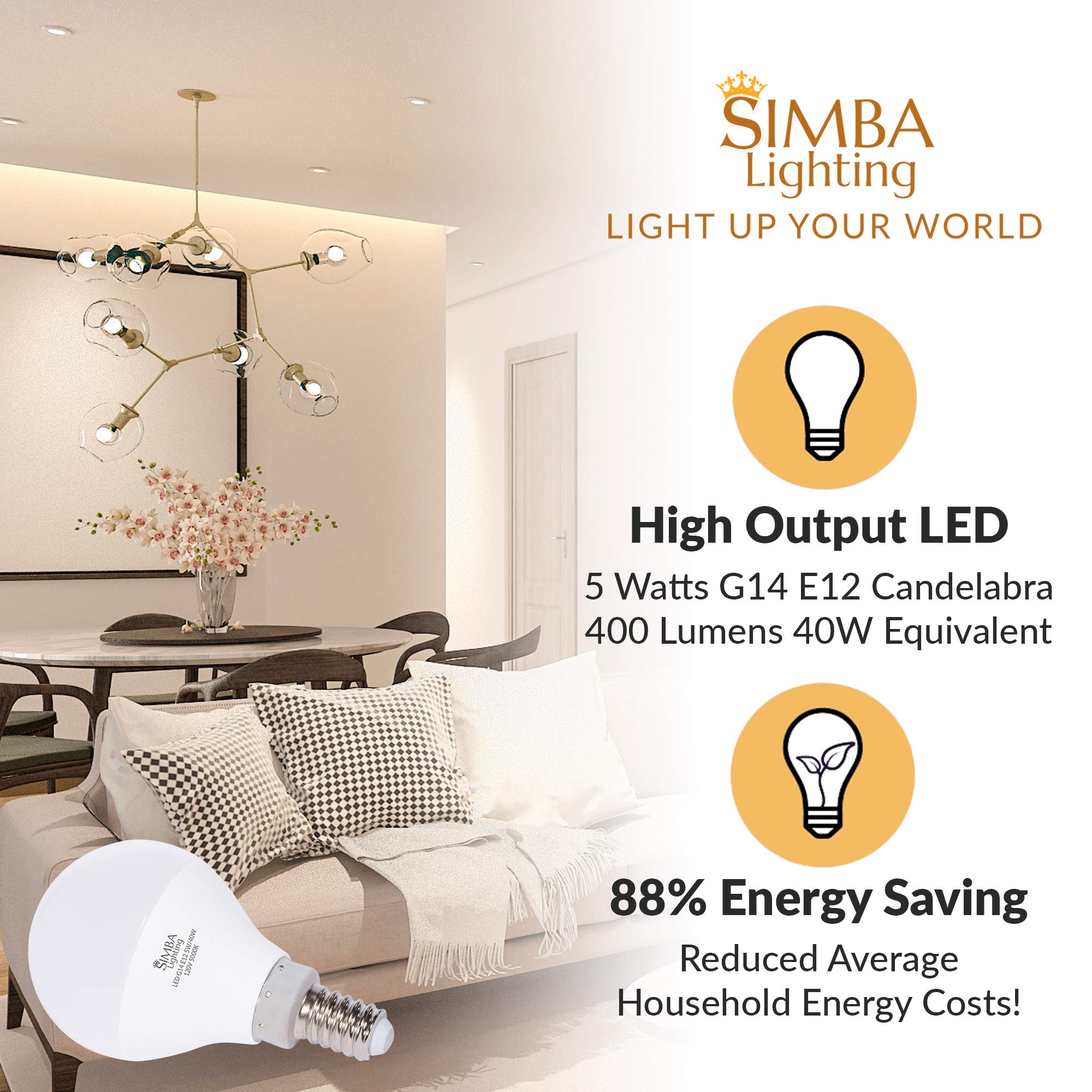 Simba Lighting LED Candelabra E12 Base G14 Small Globe 5 Watt 40W Replacement Light Bulb (6 Pack) for Ceiling Fan, Chandelier, Vanity, Round A15 Frosted White Cover, Non-Dimmable, 5000K Daylight