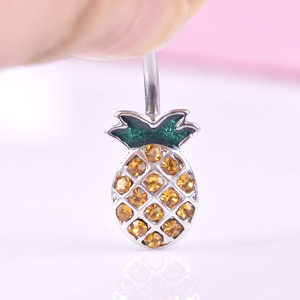 COLORFUL BLING 316L Stainless Steel Fruit Pineapple Navel Rings Crystal Belly Button Rings Body Piercings Jewelry-short