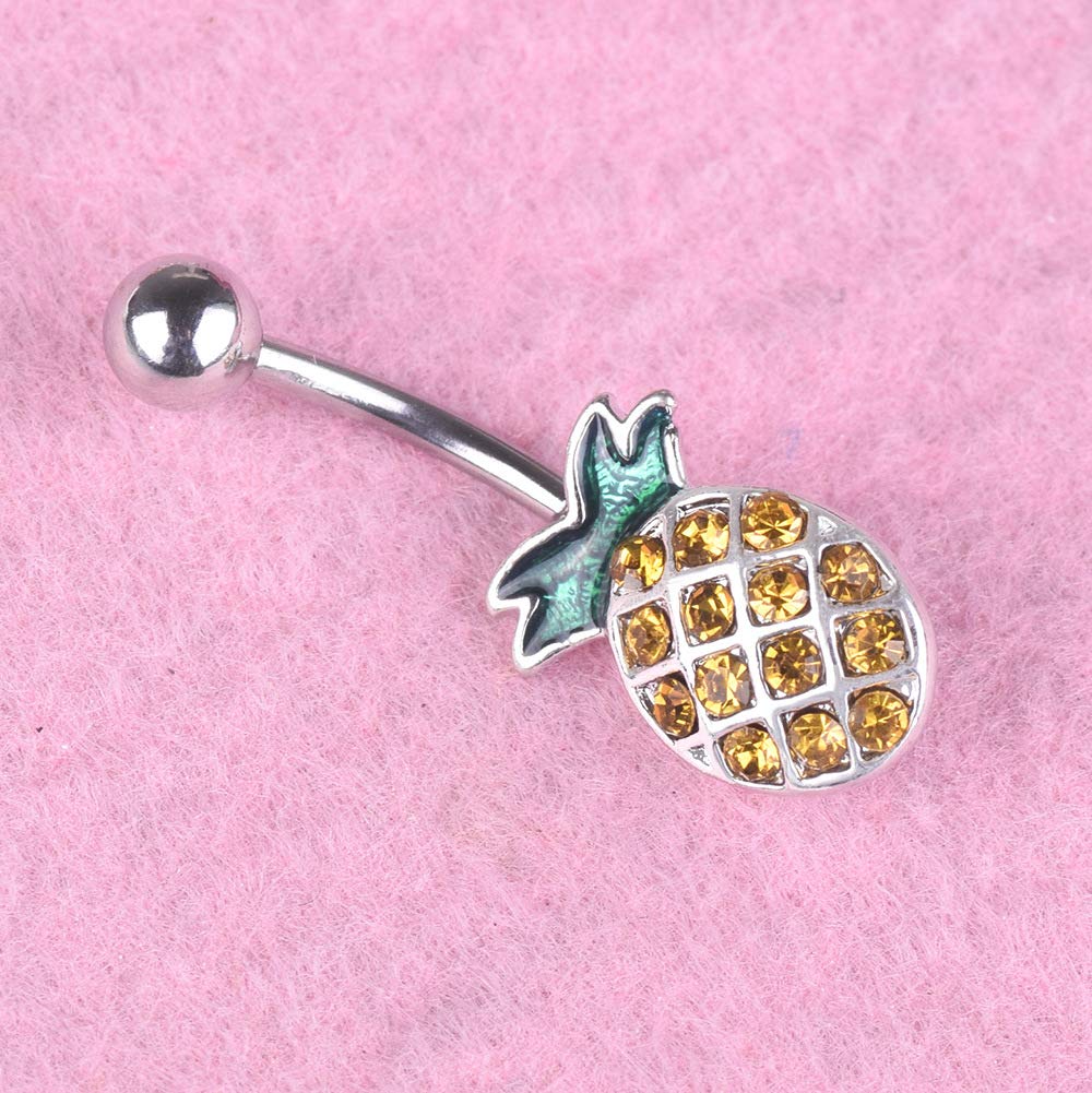 COLORFUL BLING 316L Stainless Steel Fruit Pineapple Navel Rings Crystal Belly Button Rings Body Piercings Jewelry-short