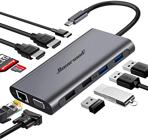 Hiearcool USB C Hub, USB-C Laptop Docking Station, 11IN1 Triple Display Type C Adapter Compatible for Dell Hp Lenovo Windows (2HDMI VGA PD3.0 SD TF Card Reader Gigabit Ethernet 4USB Ports)