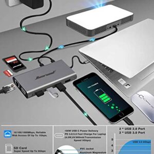 Hiearcool USB C Hub, USB-C Laptop Docking Station, 11IN1 Triple Display Type C Adapter Compatible for Dell Hp Lenovo Windows (2HDMI VGA PD3.0 SD TF Card Reader Gigabit Ethernet 4USB Ports)