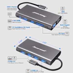 Hiearcool USB C Hub, USB-C Laptop Docking Station, 11IN1 Triple Display Type C Adapter Compatible for Dell Hp Lenovo Windows (2HDMI VGA PD3.0 SD TF Card Reader Gigabit Ethernet 4USB Ports)