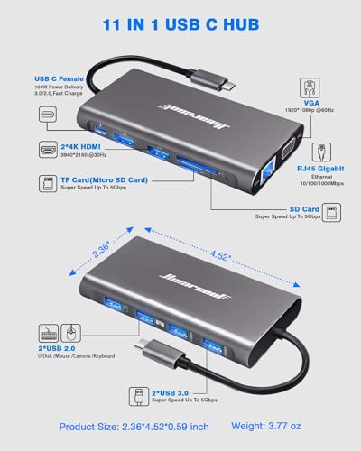 Hiearcool USB C Hub, USB-C Laptop Docking Station, 11IN1 Triple Display Type C Adapter Compatible for Dell Hp Lenovo Windows (2HDMI VGA PD3.0 SD TF Card Reader Gigabit Ethernet 4USB Ports)