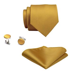 GUSLESON Brand Men's silk Solid Gold Yellow Tie Neckties and Pocket Square Cufflinks Sets (0789-11)