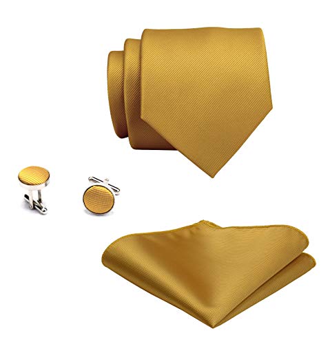 GUSLESON Brand Men's silk Solid Gold Yellow Tie Neckties and Pocket Square Cufflinks Sets (0789-11)