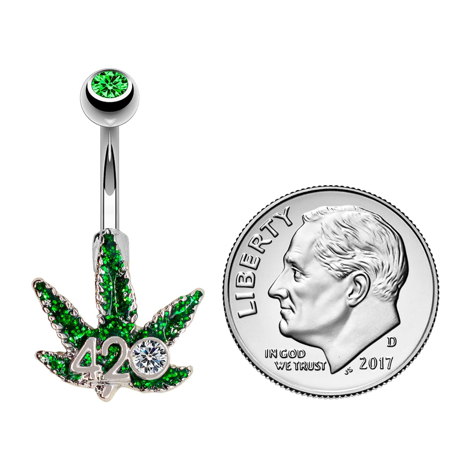 Pierce2GO 14G Belly Button Rings Surgical Steel Weed Marijuana 4/20 Belly Button Ring with CZ Stone - Belly Piercing for Women – 7/16”