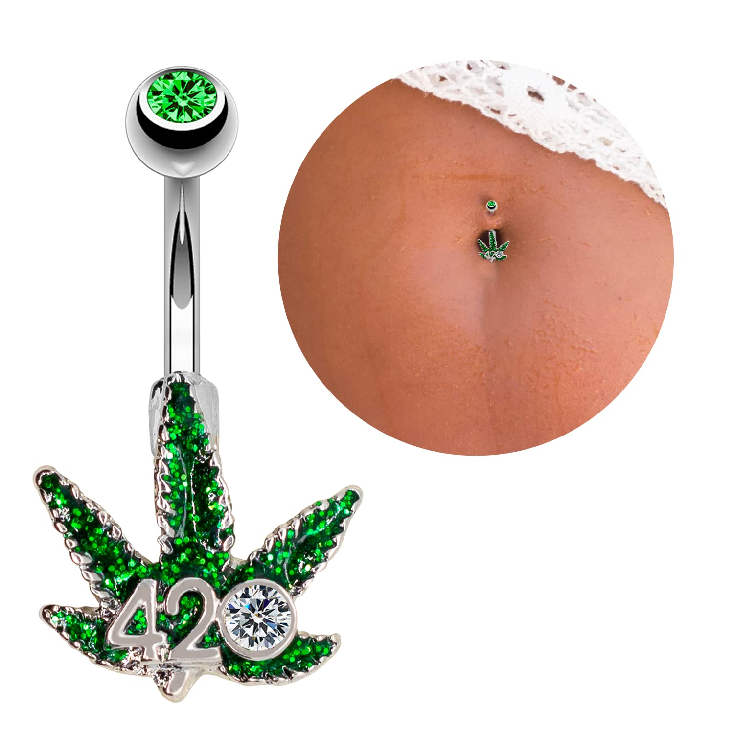 Pierce2GO 14G Belly Button Rings Surgical Steel Weed Marijuana 4/20 Belly Button Ring with CZ Stone - Belly Piercing for Women – 7/16”